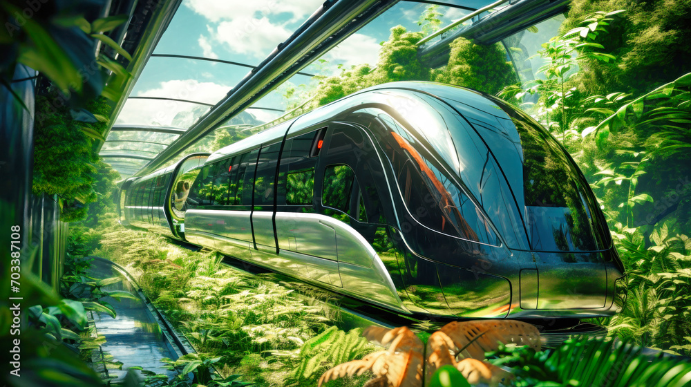 A high-speed train enters a futuristic train station, symbolizing the ...