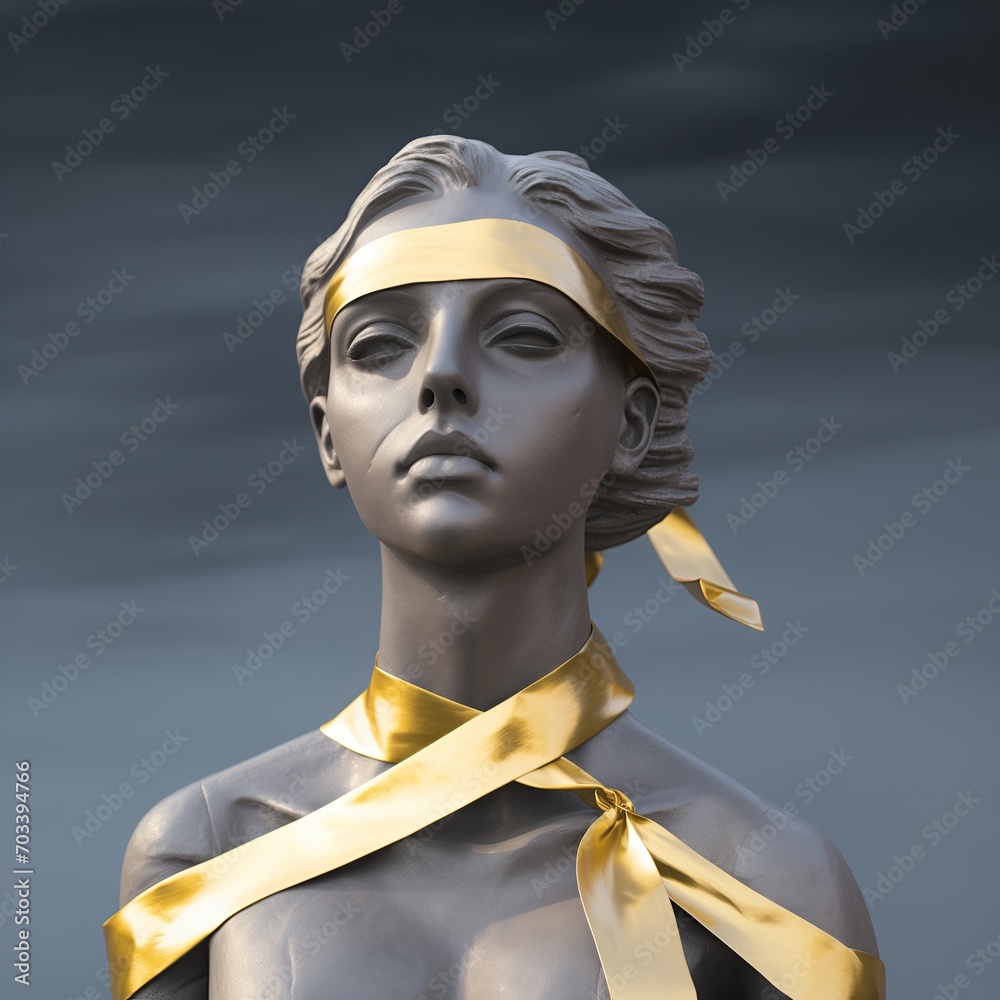 A sculpture with a golden tie and bow. Satin golden ribbon, stripe ...