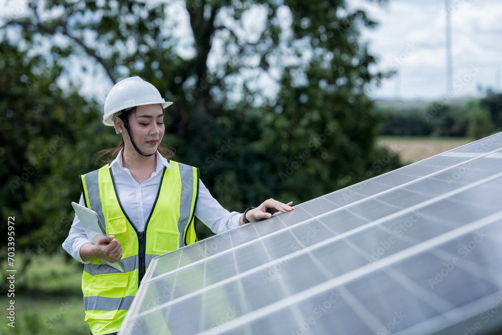 person holding a solar panel. Asia woman engineer on Solar panel clean ...