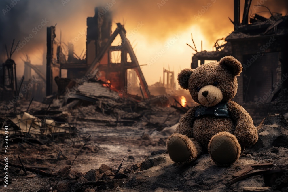 Alone in ruins: A teddy bear on the debris, a poignant reminder of the ...