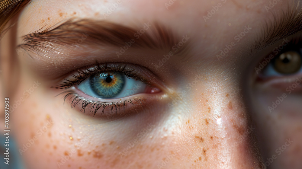 close up model's face with heterochromia . One eye is brown and another ...