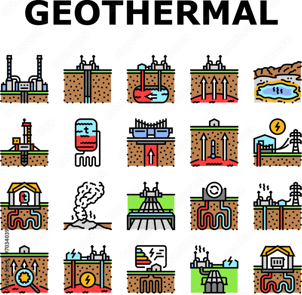 geothermal energy power plant icons set vector. green generator, heat ...