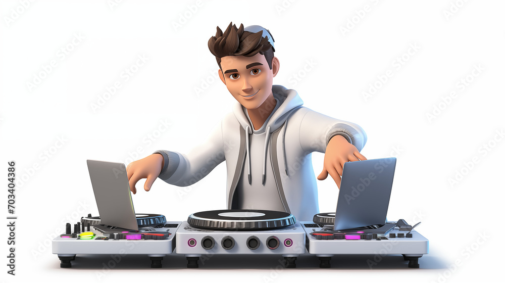 3d cartoon animated of handsome DJ wear hoody and play music from mixer ...