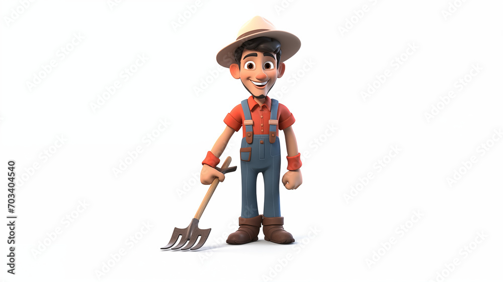 Cartoon farmer in uniform wear hat and hold harrow in white background ...