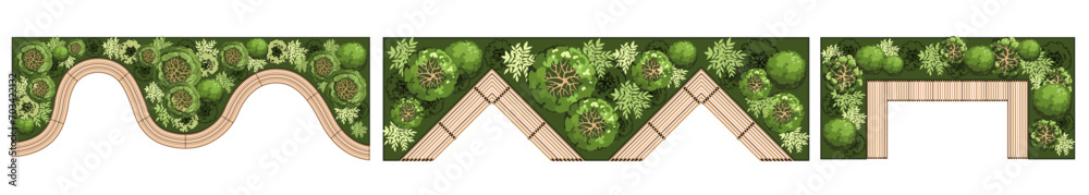 Top view elements for the landscape design plan. Trees and benches for ...