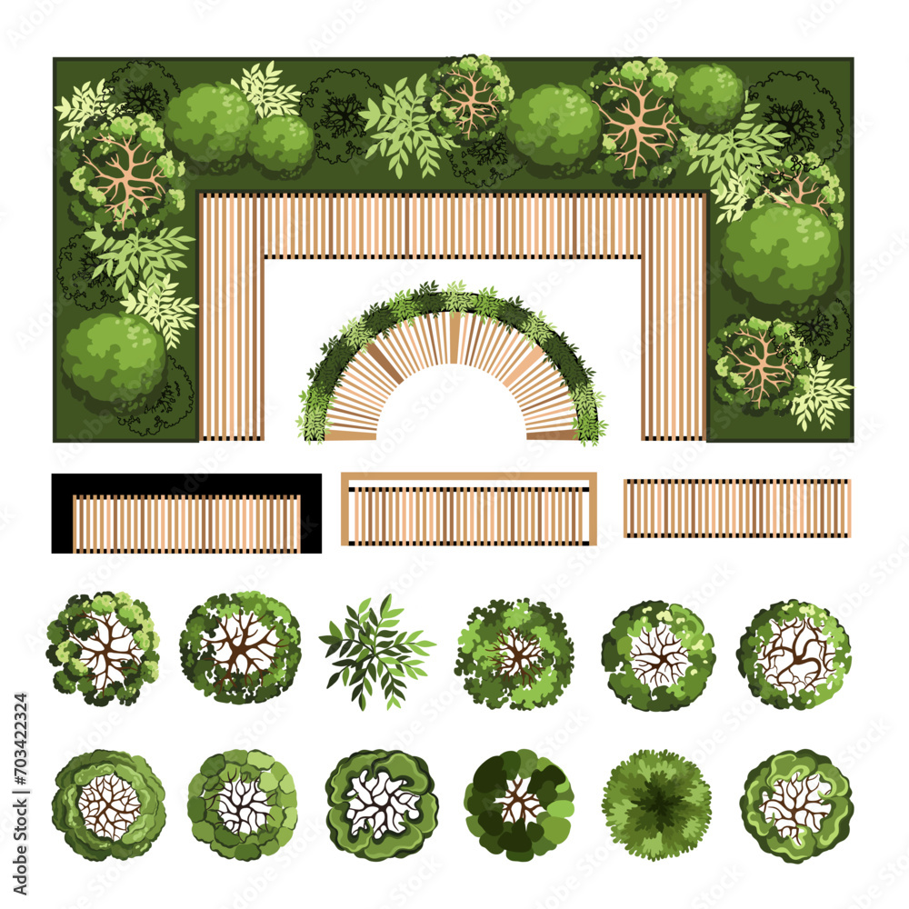 Top view elements for the landscape design plan. Trees and benches for ...
