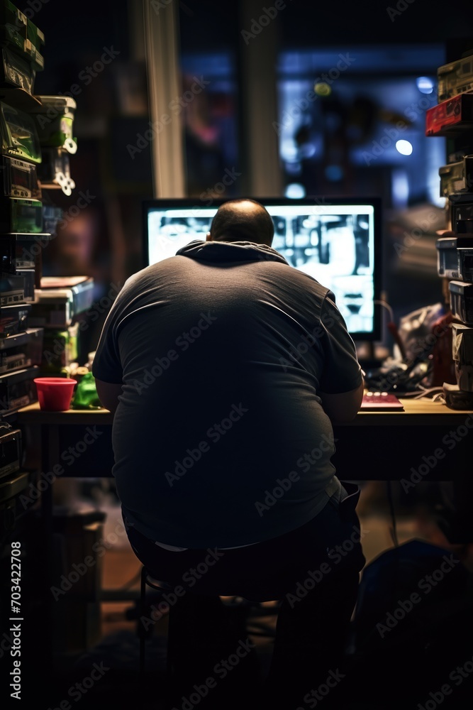 view from behind of fat man playing pc in a table with garbage Stock ...