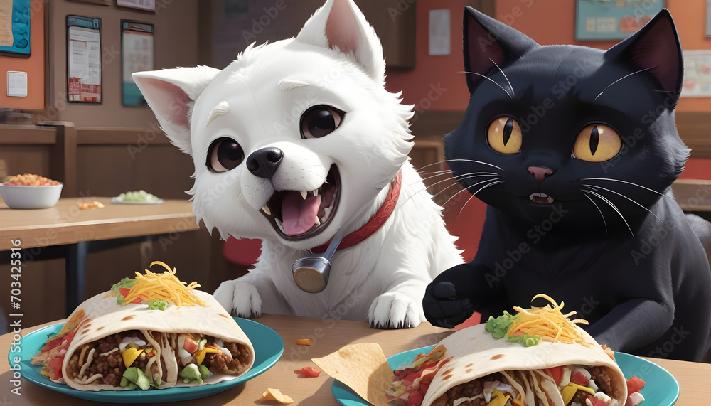 cartoon characters cat and dog eating in a cafe Stock Illustration ...