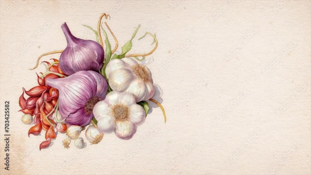 Vintage Pile Of Garlic Reveal/ 4k animation of a retro vintage postcard ...