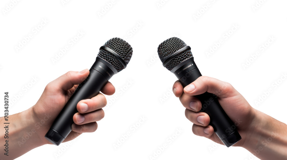 Close up Reporter Hand, Hand Holding Microphone Isolated on transparent ...