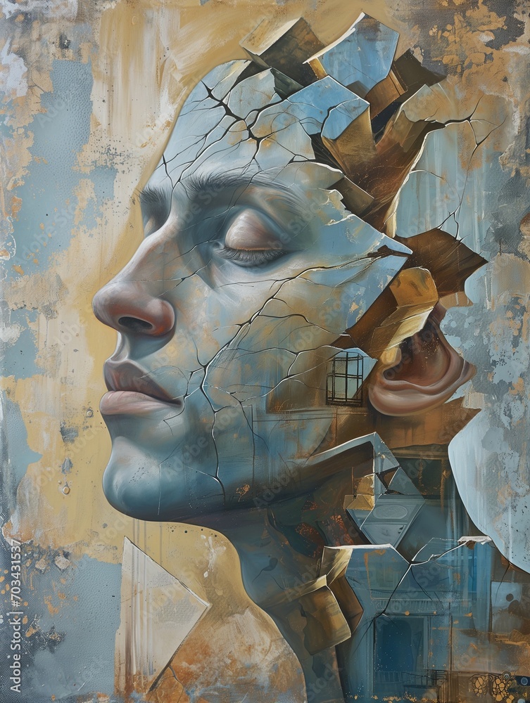 Broken stone head painting, metaphoric illustration of the ...