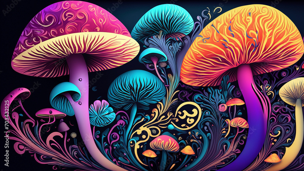 4k Wallpaper With Mushrooms In Psychedelic Colors Stock Illustration
