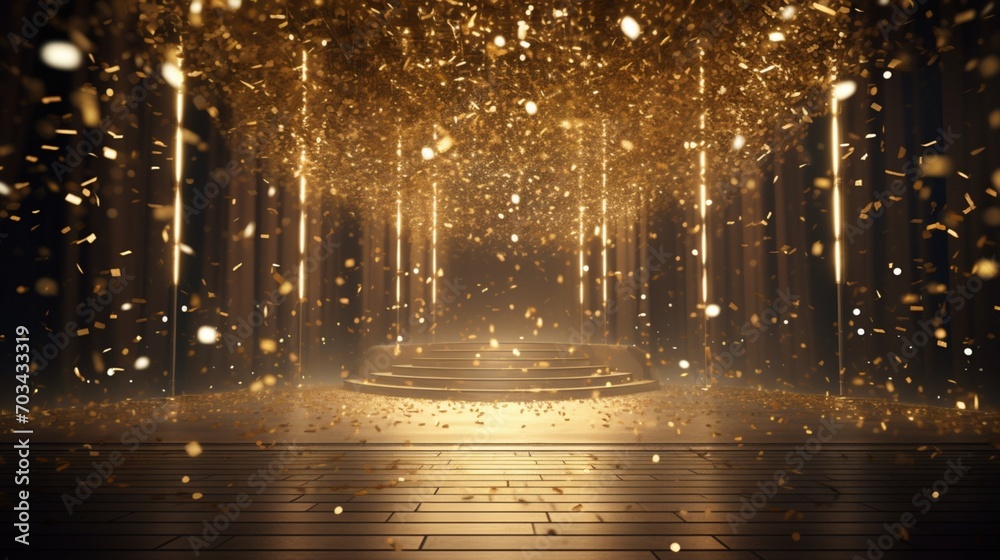 a golden confetti shower on a festive stage with a central light beam ...