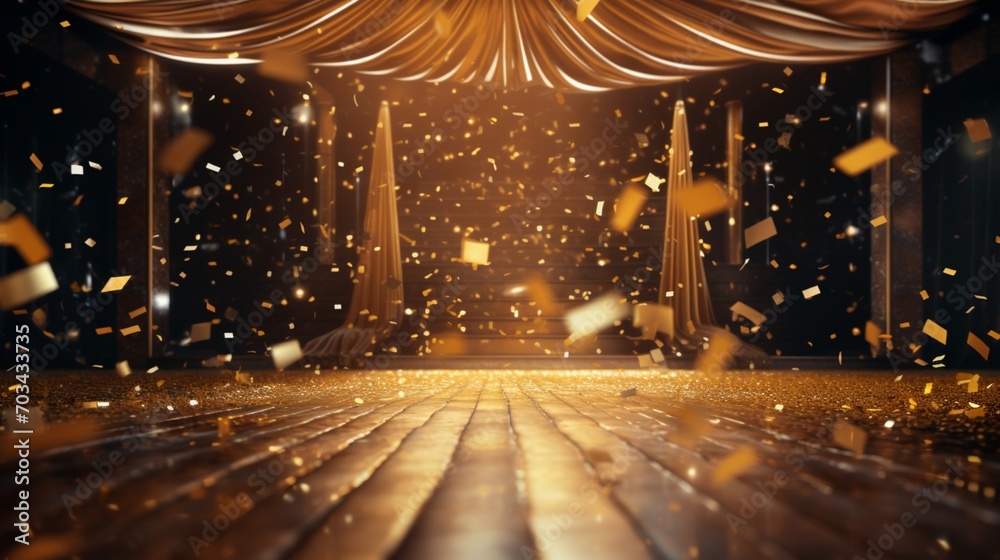 a golden confetti shower on a festive stage with a central light beam ...