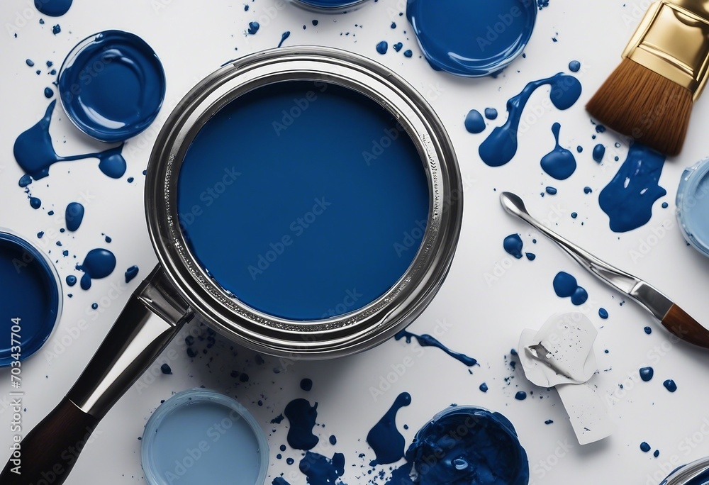 Can of Classic blue paint and brush on white background Trendy color ...