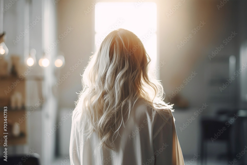 Woman hair back view. Female sitting in hair salon. Hair styling ...