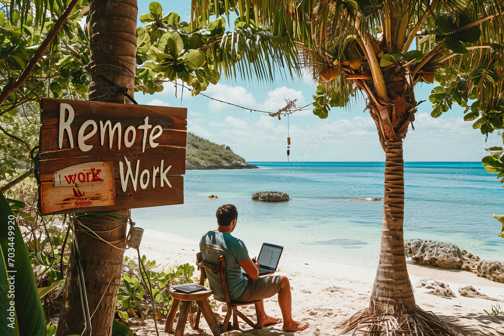 Remote work concept image with a man working from the beach on his ...