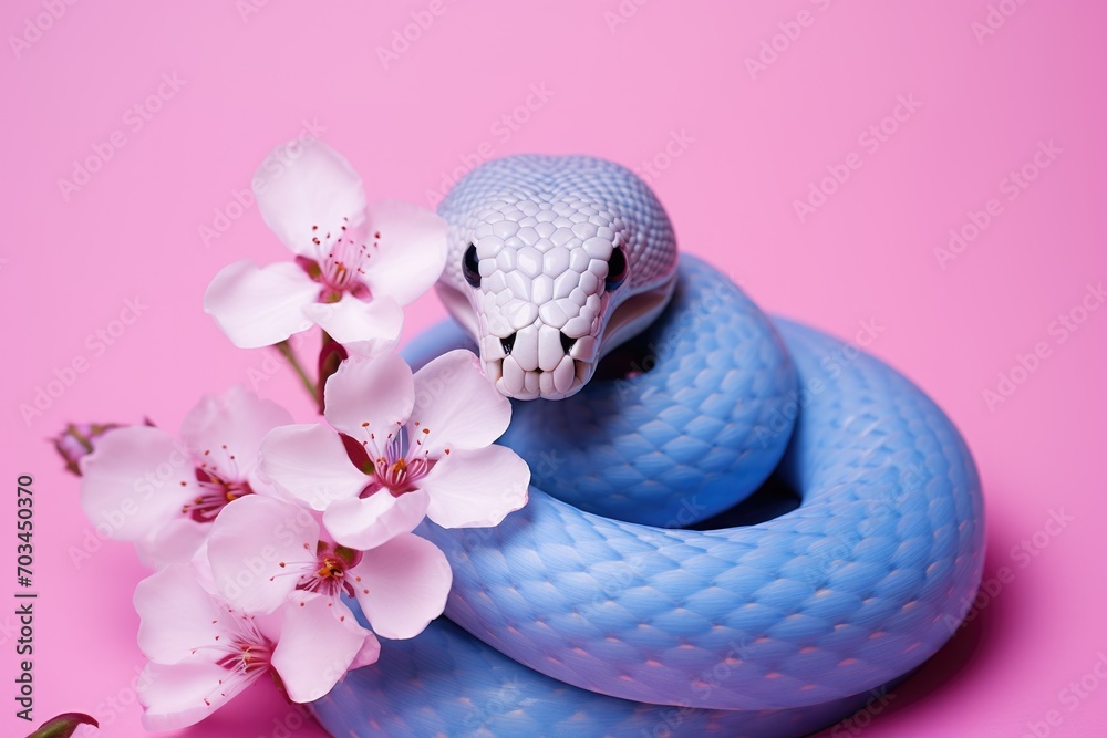 Mystic blue snakes and rose flowers on blurred pink floral background ...