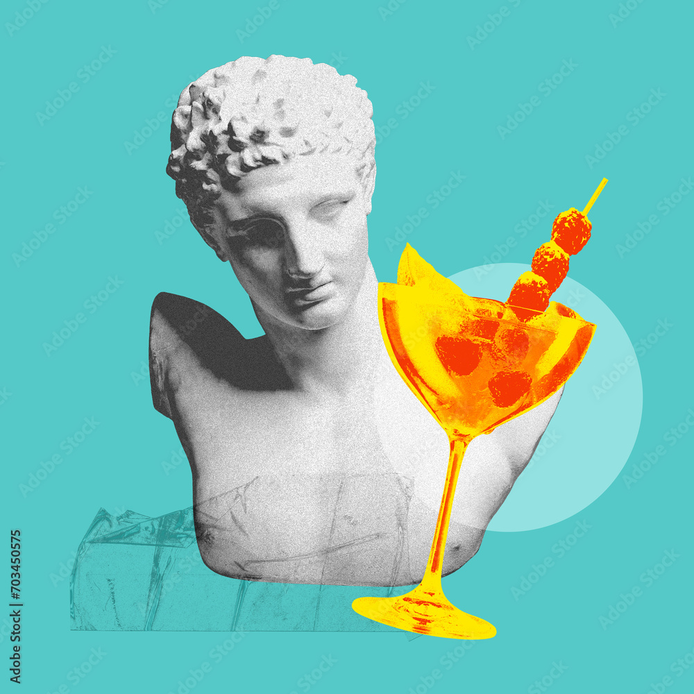 Male antique statue bust and sweet and sour cocktail over pastel blue ...