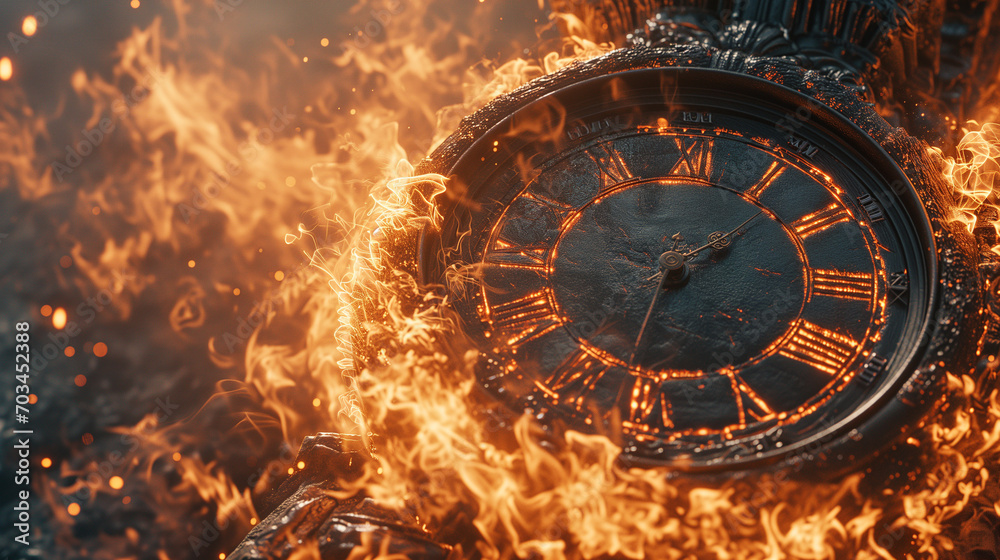 3D illustration of clock on fire depicting time running out, wasting ...