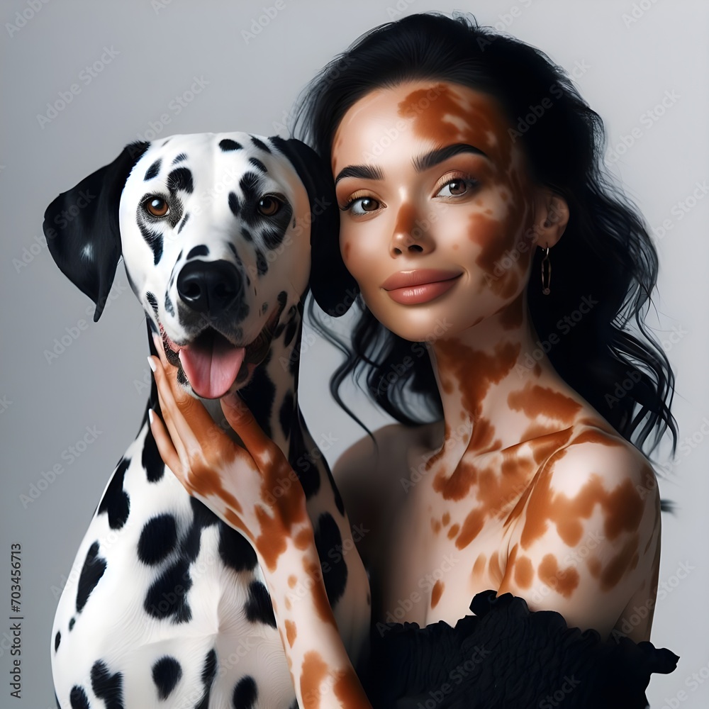 Portrait photoshoot of lady model with dog with freckled Vitiligo skin ...