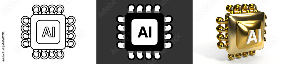 3D Artificial Intelligence Set Micro Chip AI Line And filled. Realistic ...