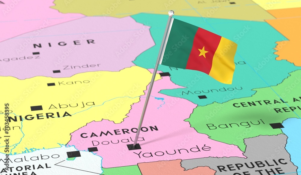 Cameroon, Yaounde - national flag pinned on political map - 3D ...