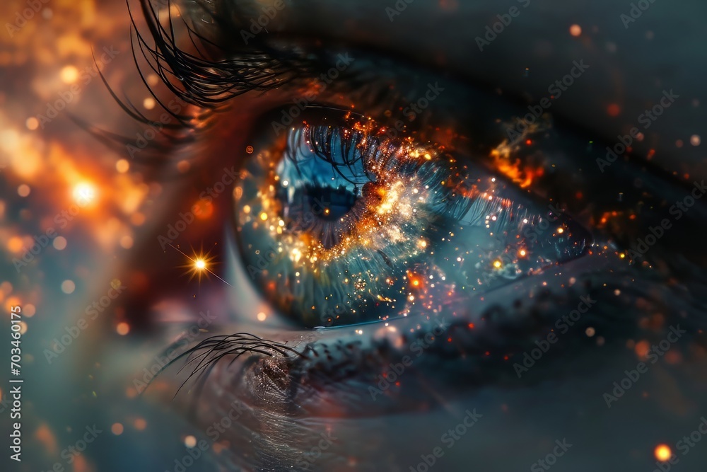 Human eye in double exposure with star nebula, extreme close up ...