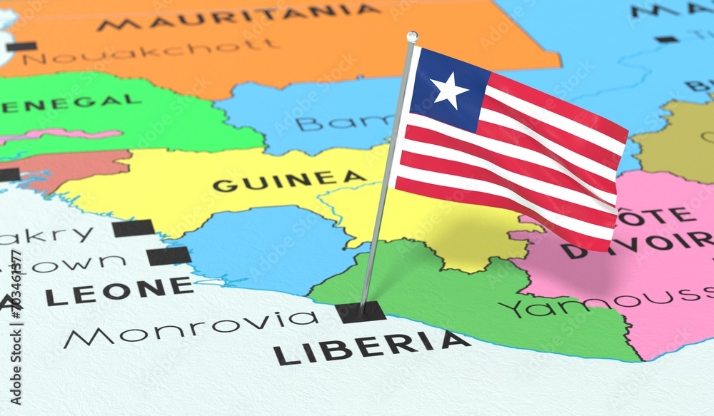 Liberia, Monrovia - national flag pinned on political map - 3D ...