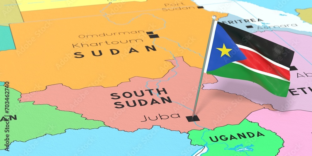 South Sudan, Juba - national flag pinned on political map - 3D ...