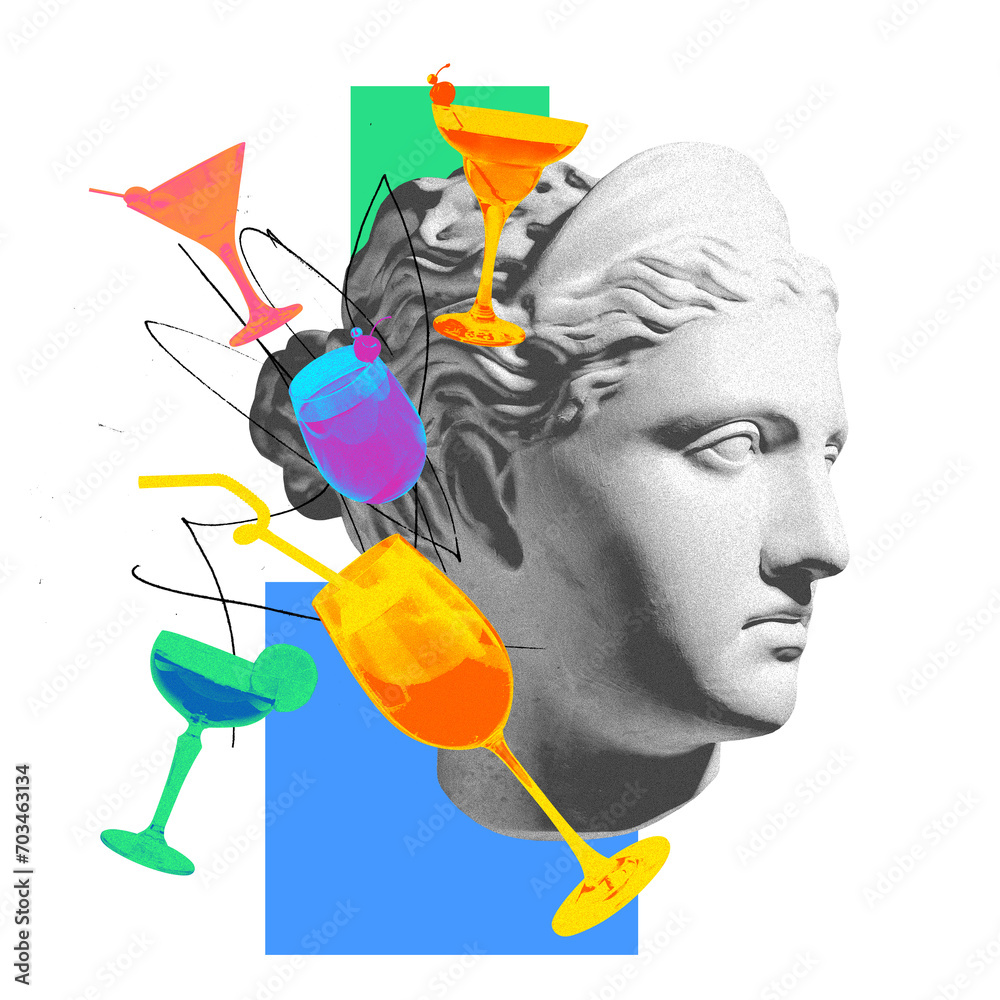 Antique statue bust and different cocktails over white background ...