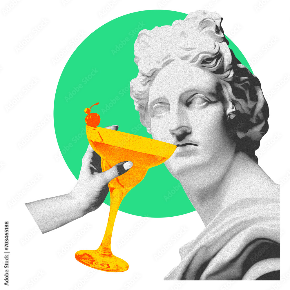 Hand serving delicious sweet and sour cocktail to antique statue bust ...