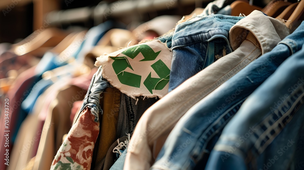 An assortment of eco-friendly garments featuring a recycle symbol ...
