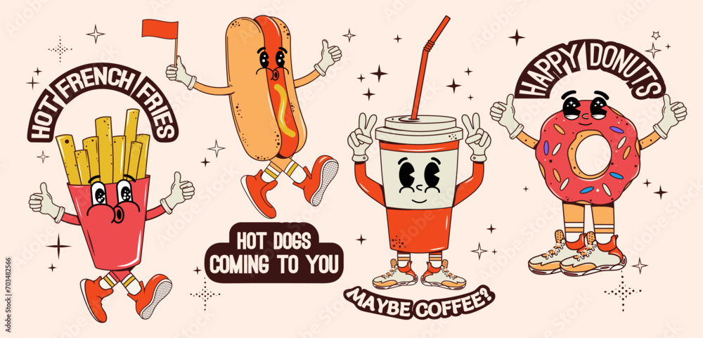 Set of street food in groovy style. Characters with faces and facial ...