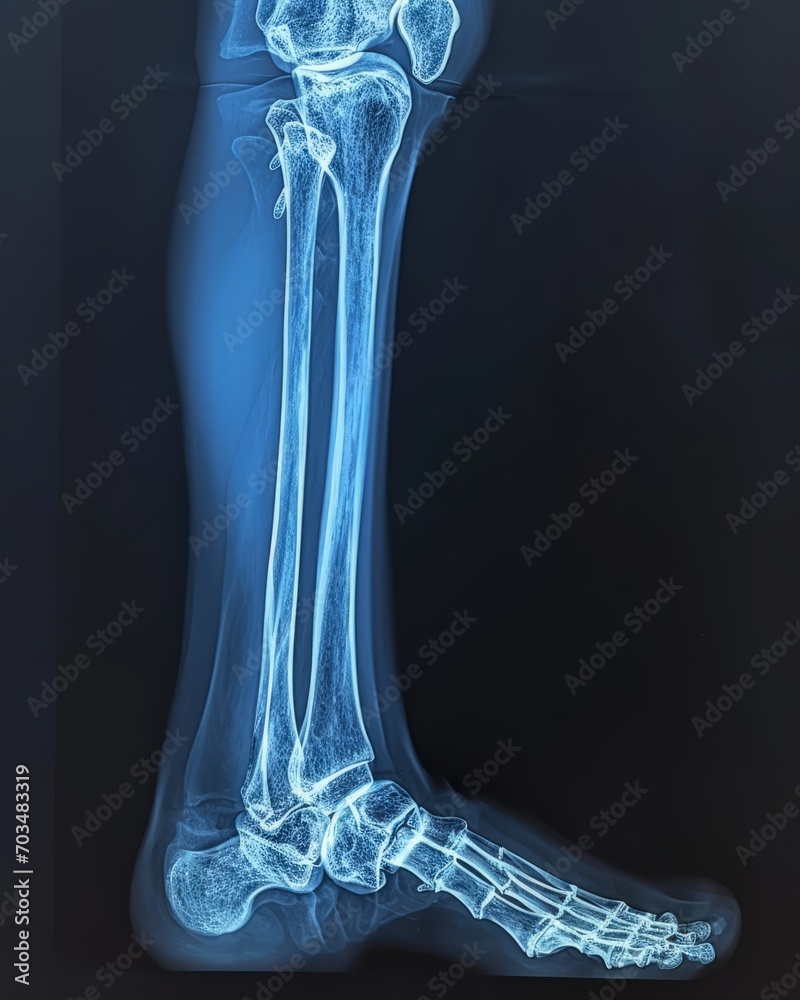Radiographic image of a leg and foot, showing the detailed bone ...