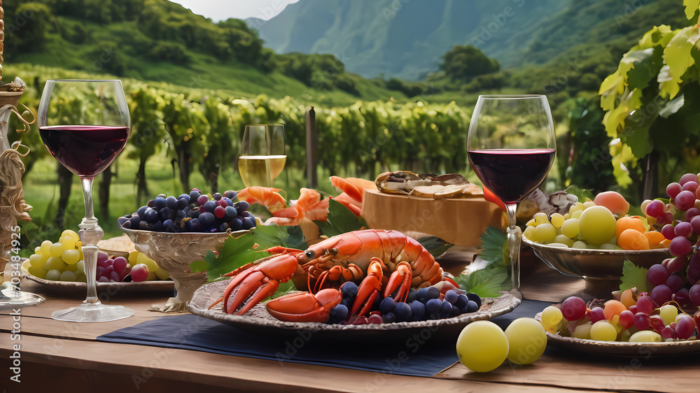 decadent table with grapes, lobster, food canopy, tropical background ...