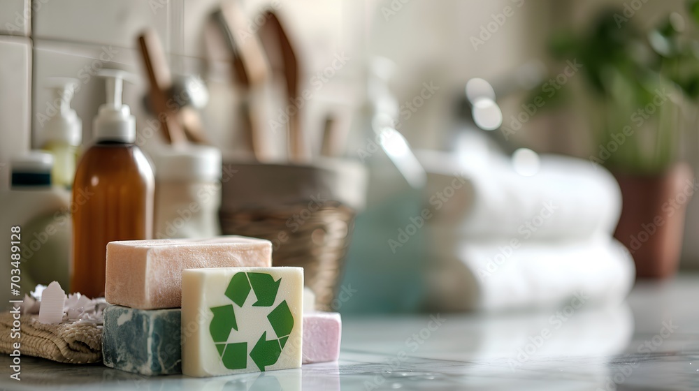 A bar of eco-friendly soap engraved with the recycling symbol ...