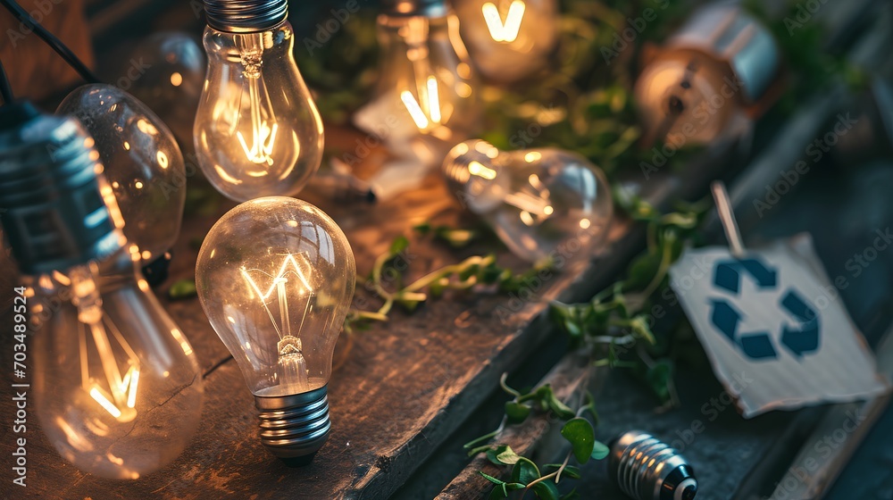 A series of glowing light bulbs with a bright recycle symbol imprinted ...