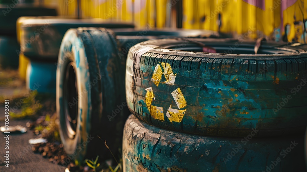 A stack of car tires featuring a bright green recycle symbol ...