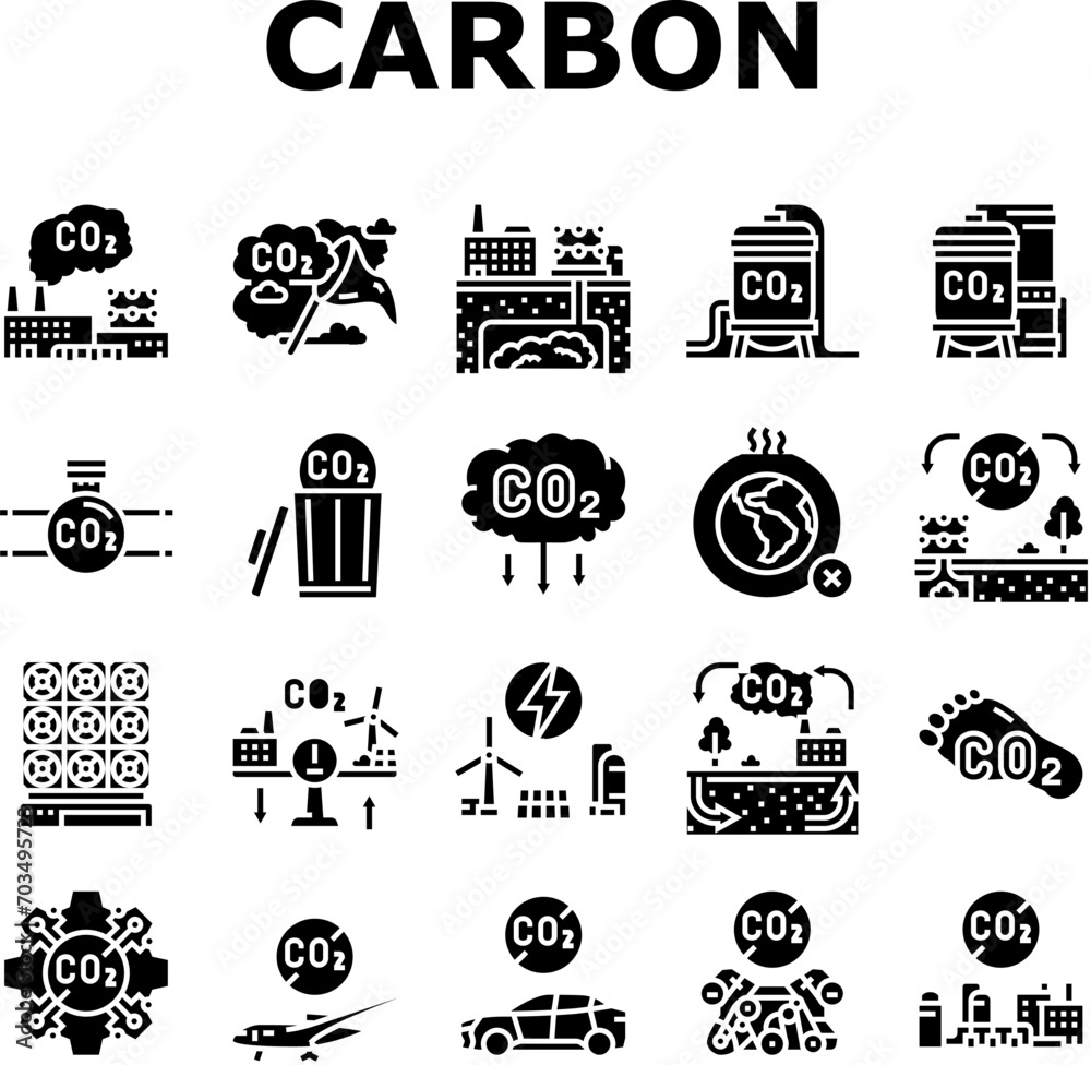 carbon capture co2 storage icons set vector. energy footprint, utilization sequestration, green ...