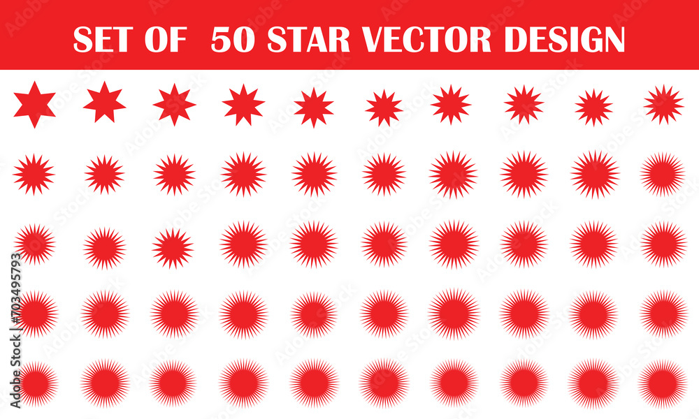 Set of 50 Star icons vector. Stars symbols with different pointed ...