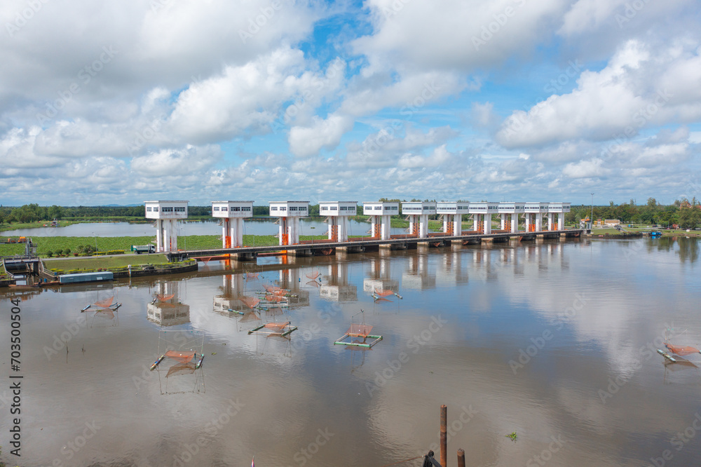 Aerial view of dam tower. Reservoir and sea water in recycle energy ...