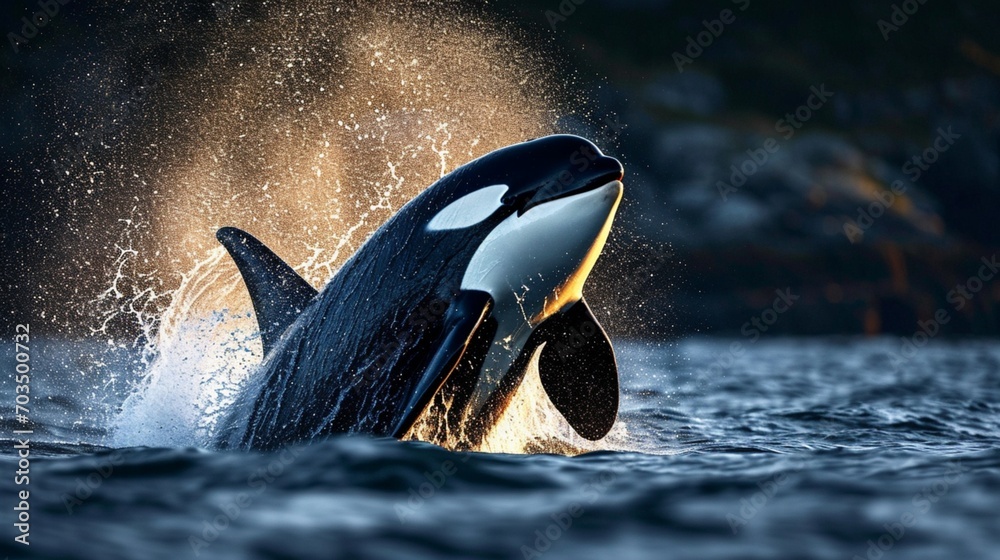 dolphin jumping in water, Illuminate the scene of an orca breaching the ...