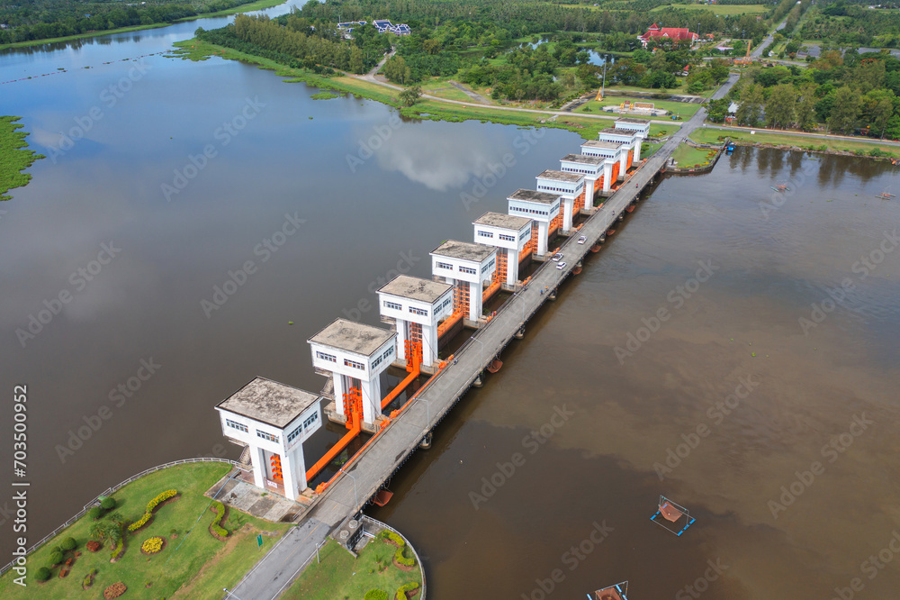 Aerial view of dam tower. Reservoir and sea water in recycle energy ...