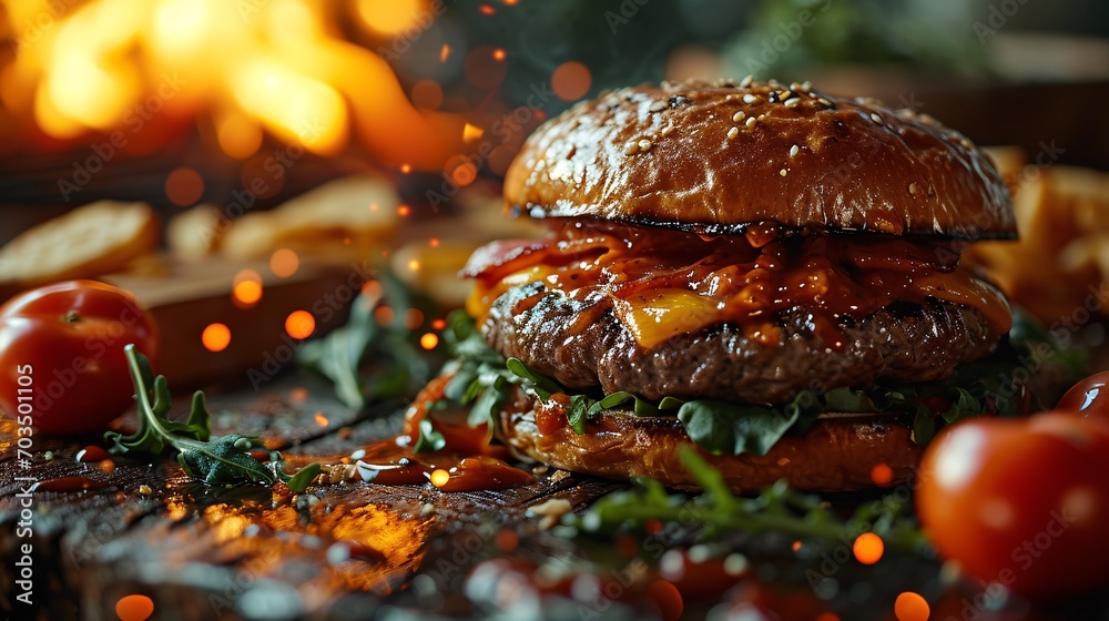 Realistic 3D burgers flying in the air with grilled meat, ultra ...