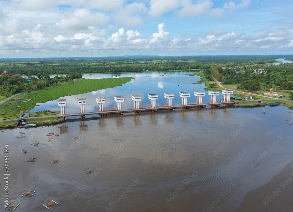 Aerial view of dam tower. Reservoir and sea water in recycle energy ...