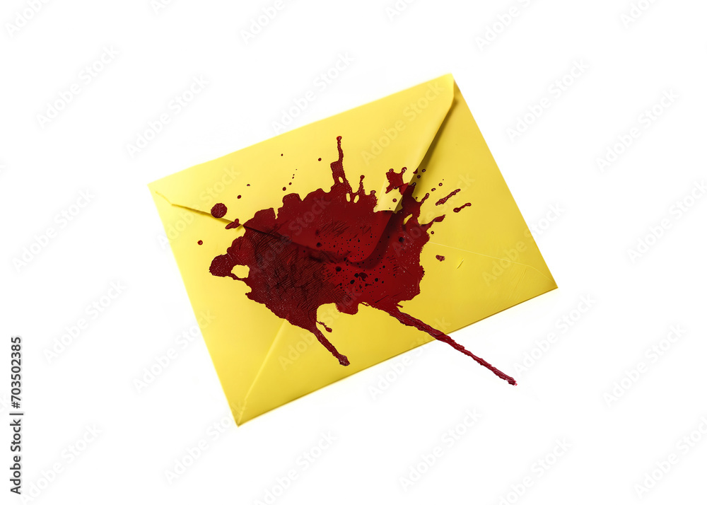A yellow letter envelope covered with red blood, splattered all over ...