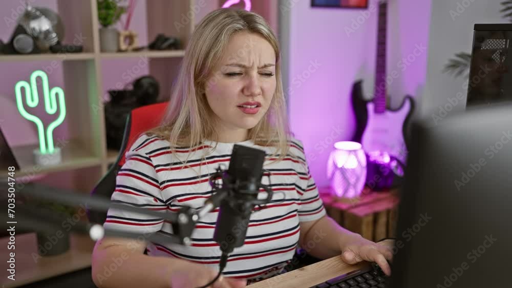 Vidéo Stock Disgusted blonde streamer encounters stinky nightmare ...