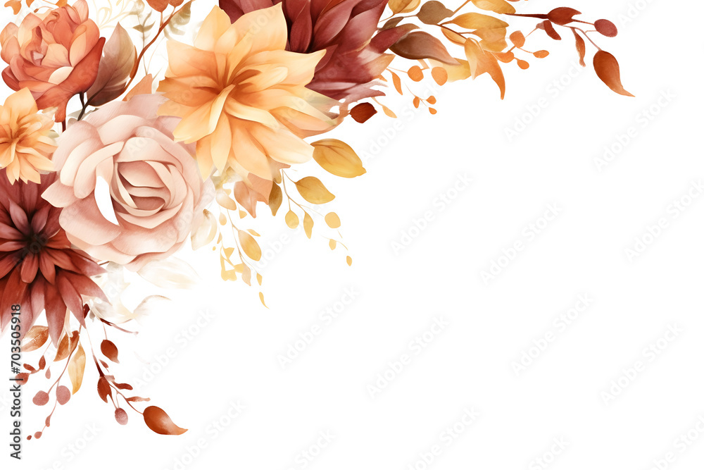 Autumn floral corner border with dahlia, rose and eucalyptus leaves ...