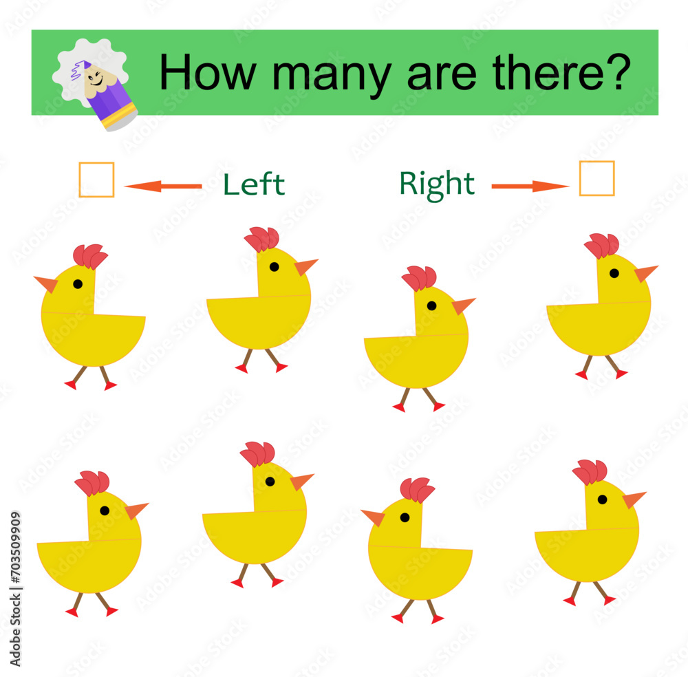 Left or Right. Educational game for kids. Count how many chicks are ...